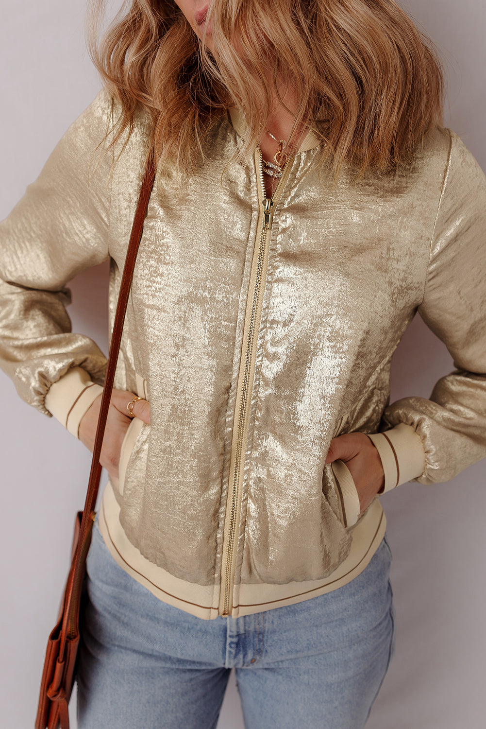 Metallic Zip up Baseball Jacket – ModeShe