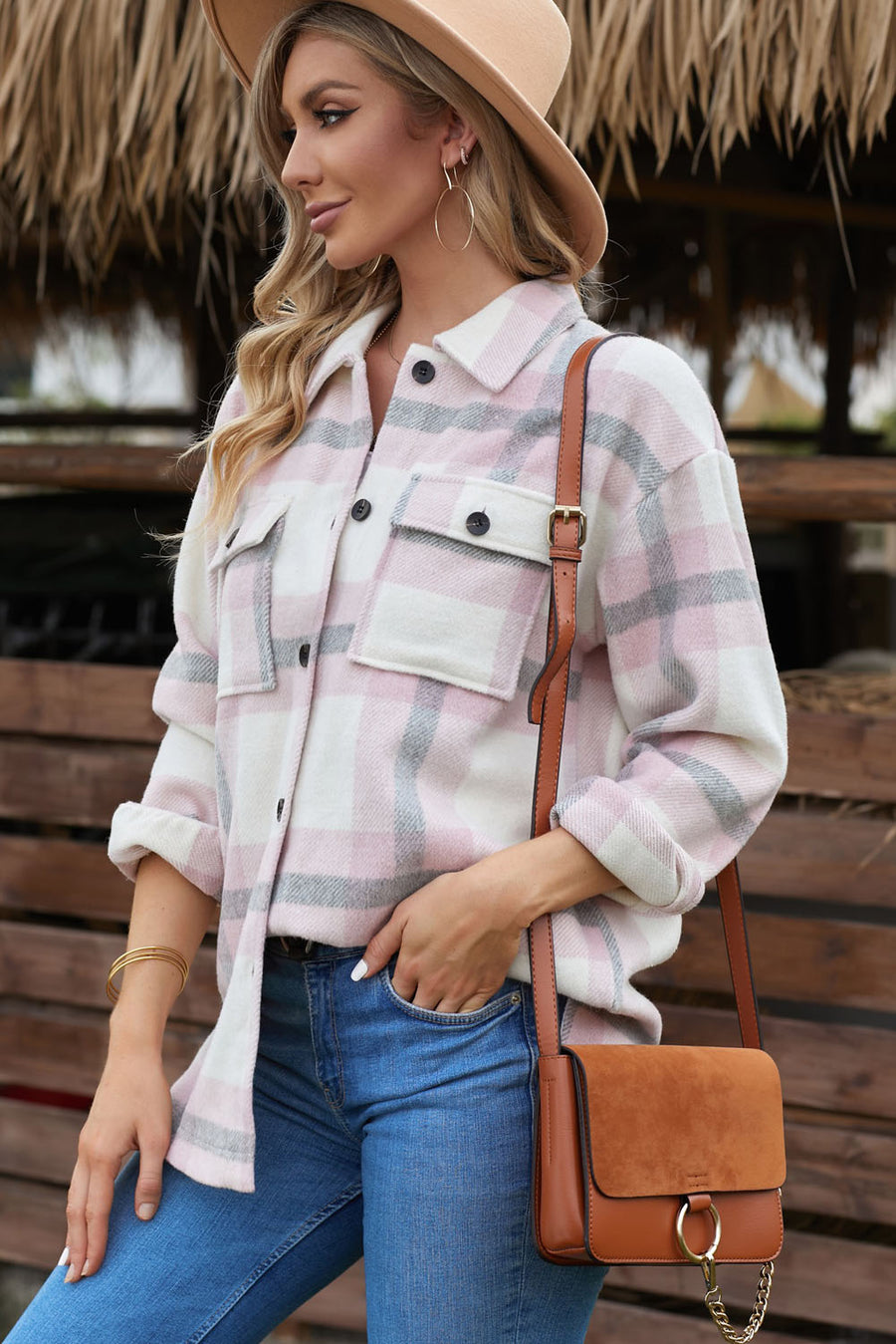Classic Pink Plaid Print Pocket Women Shacket – ModeShe